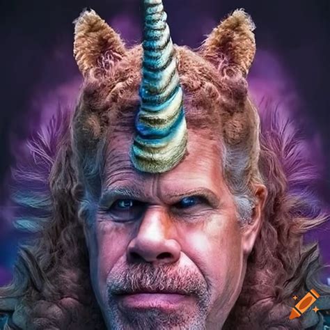 Bald Bearded Man In Flannel Riding A Unicorn In Hyper Realistic Style