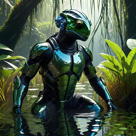 Premium Photo A Green Robot In A Pond With The Word Alien On His Chest
