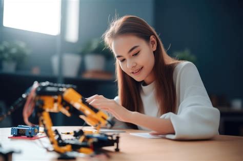 Premium Photo Female Babe Learning How To Programing And Coding Robotic Arm At Babe Lab