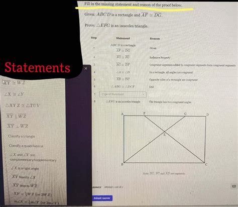 solved fill in the missing statement and reason of the proof