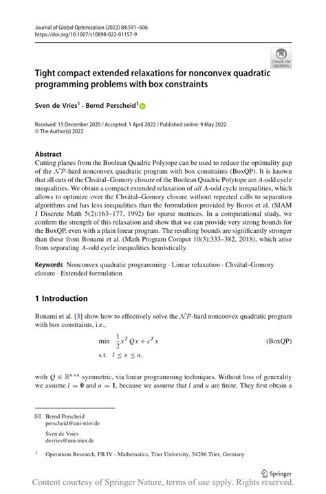 PDF Tight Compact Extended Relaxations For Nonconvex Quadratic Programming Problems With Box