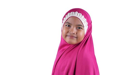 Premium Photo Portrait Of Cute Girl In Pink Hijab Against White