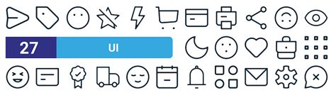 보내기 배지 얼굴 프린터 얼굴 수표 알림 웹 디자인 모바일 앱을 위한 벡터 가는 선 아이콘 닫기와 같은 27개의 개요 웹 Ui 아이콘 세트 거꾸로에 대한 스톡 벡터 아트 및
