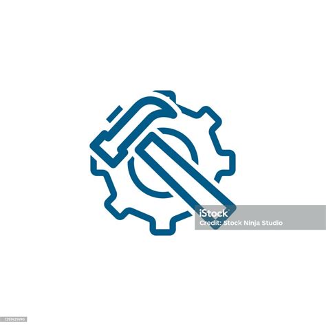 服務工具白色背景上的藍線圖示藍色齒輪 液壓錘平面樣式插圖向量圖形及更多修理圖片 修理 修理店 單速車 Istock