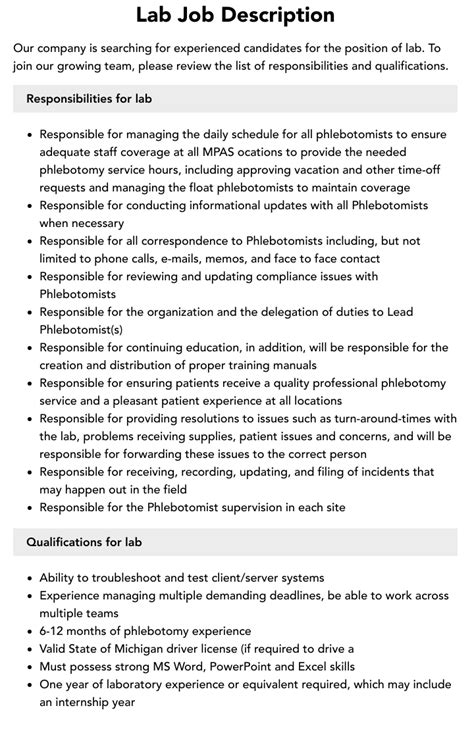 Lab Job Description Velvet Jobs