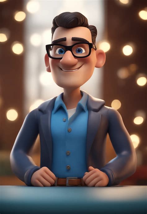 안경을 쓰고 파란색 셔츠를 입은 만화 남자가 테이블 앞에 서 있다 Seaart Ai