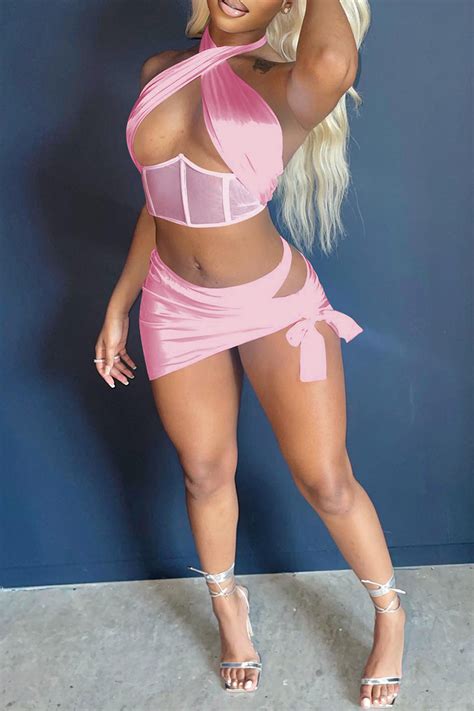 Wholesale Pink Sexy Solid Bandage Hollowed Out Patchwork Backless
