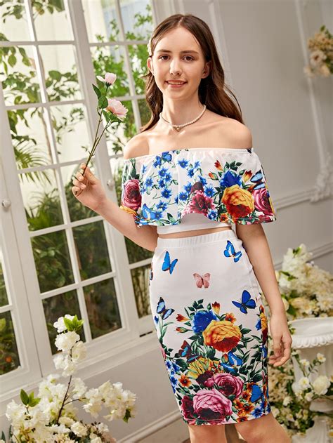 Teen Girls Floral Off The Shoulder Top And Skirt In 2025 Teen Girl