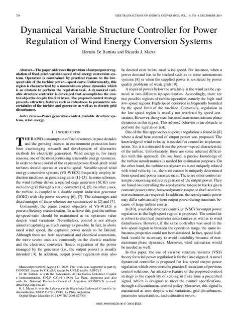 Dynamical Variable Structure Controller For Power Regulation Of Wind Energy Conversion Systems