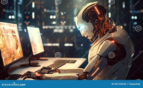 humanoid robot working with a computer in a dark room robot typing on