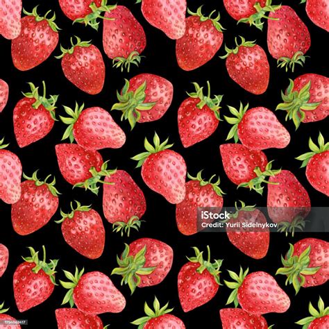 검은색 배경에 딸기 배경입니다 여름 덮개 식물 벽지 패턴 제품 포장 섬유를 위한 잘 익은 붉은 열매의 수채화 매끄러운 질감