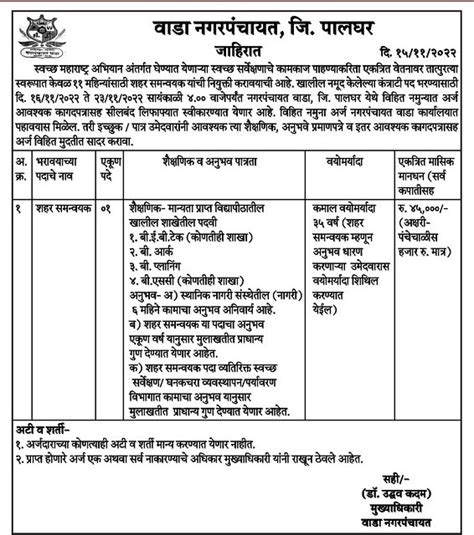 Nagar Panchayat Wada Palghar Recruitment Apply Offline For City Coordinator Posts