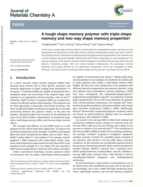 PDF A Tough Shape Memory Polymer With Triple Shape Memory And Two Way Shape Memory Properties