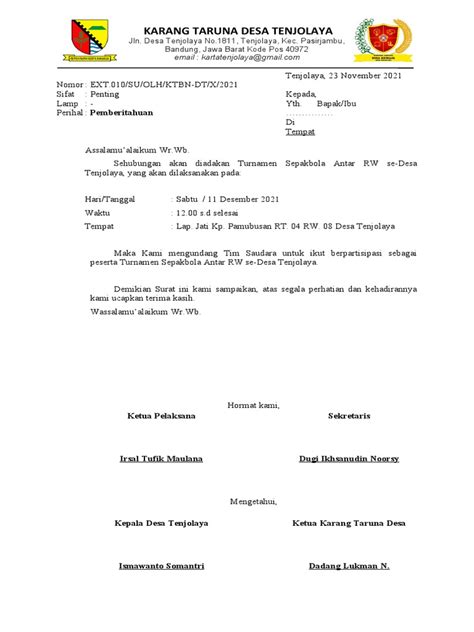 Surat Undangan Turnamen Sepak Bola Antar Rw Desa Tenjolaya Pdf