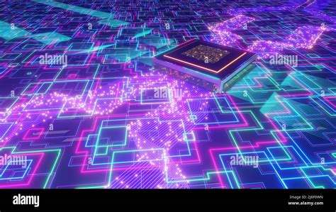 modern ai processor at work on motherboard data flow particles and