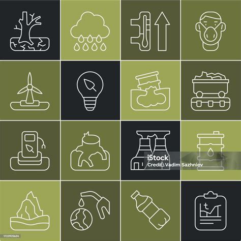 세트 라인 지구 온난화 배럴 오일 석탄 기차 마차 잎이 있는 전구 풍력 터빈 시든 나무 및 누출 아이콘 벡터 0명에 대한 스톡 벡터 아트 및 기타 이미지 Istock