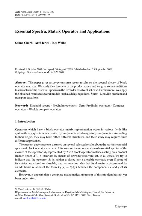 Pdf Essential Spectra Matrix Operator And Applications