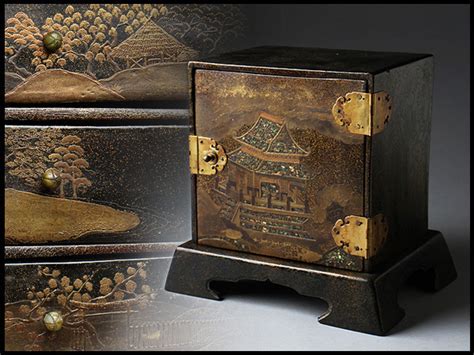 Uq675 時代物 梨地社殿内山水風景螺鈿蒔絵小箪笥 蒔絵香箪笥 高218cm 重15kg 蒔絵小引出 蒔絵三段小箪笥漆芸｜売買された