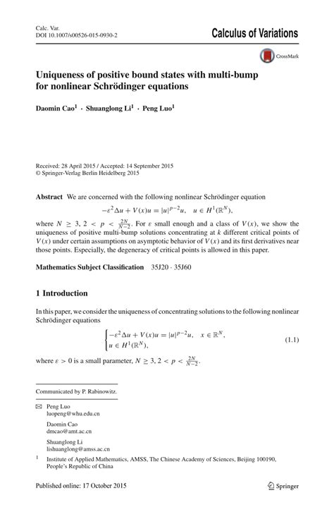 Pdf Uniqueness Of Positive Bound States With Multi Bump For Nonlinear