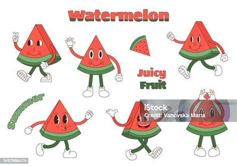 그루브에 귀여운 수박 얼굴 팔 다리에 행복한 미소를 짓고 있는 만화 수박 마스코트 그루비한 여름 벡터 일러스트레이션 과일 꽃 딸기 육즙이 많은 스티커 가공의 인물에 대한