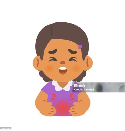 흑인 소녀는 복통을 앓는다 흰색 배경에 그림 만화 캐릭터 벡터 디자인 아이와 건강 관리 개념 건강관리와 의술에 대한 스톡 벡터