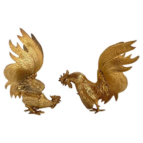 Majestic Gilt Brass Rooster Sculpture Figure Set 2 France 1970s For