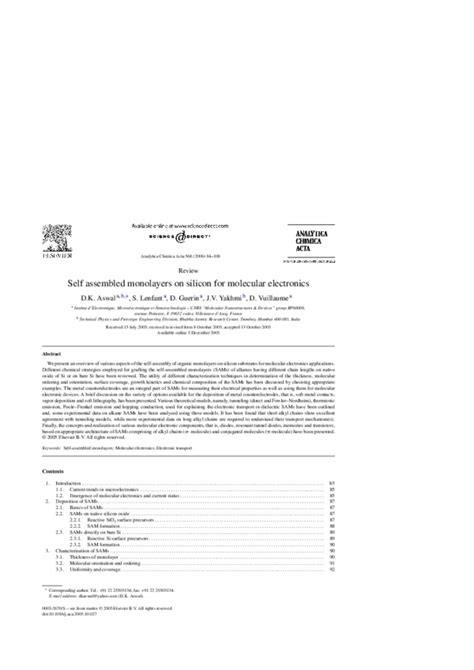 Pdf Self Assembled Monolayers On Silicon For Molecular Electronics
