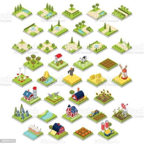 3 차원 Isometric 아이소메트리 벡터 설정된 시골 Infographics 농장 개체 도구 장비 건물 평면 국가 측면 헛간