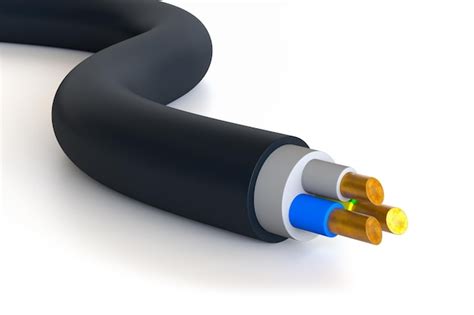 흰색 배경 3d 렌더링에 3 코어 전기 케이블 다른 색상 벗겨진 구리 전선의 근접 촬영 프리미엄 사진