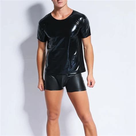 Cfyh 2018 Sexy Mens Fun Patent Leather Black T Shirt Tops Tees Men Wet