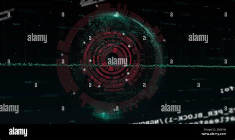 Image Of Red Round Scanner Spinning Over Data Processing And Globe