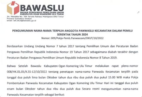 Pengumuman Nama Nama Anggota Panwascam Kecamatan Terpilih Kabupaten OKU