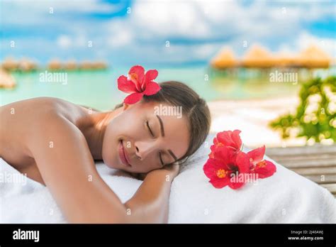 Luxury Hotel Spa Massage Table Asian Woman Relaxing On Exotic Travel