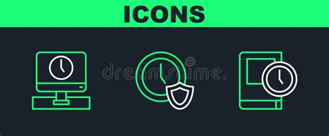 Set Line Time For Book Monitor Time And Clock With Shield Icon Vector Stock Vector