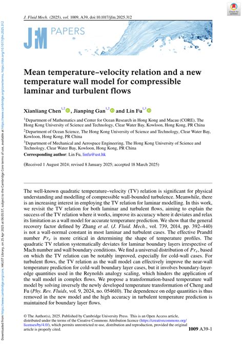 Pdf Mean Temperature Velocity Relation And A New Temperature Wall Model For Compressible