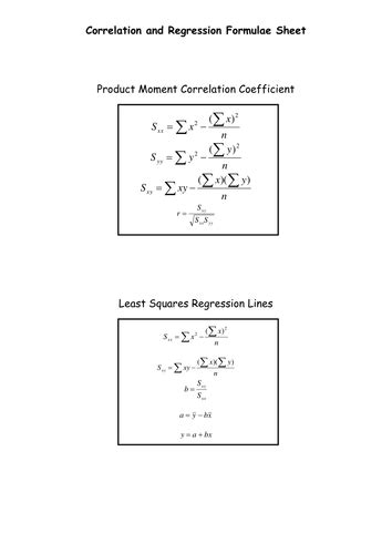 Correlation And Regression Formulae Sheet Teaching Resources