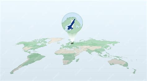 핀란드의 국기와 함께 상세한 지도와 국가 핀란드의 위치를 보여주는 관점에서 세계 지도 프리미엄 벡터