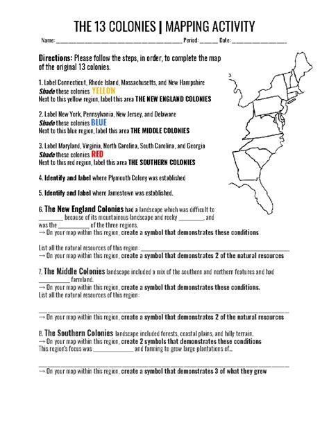 The Original 13colonies Labelingand Map Activity 1 The 13 Colonies