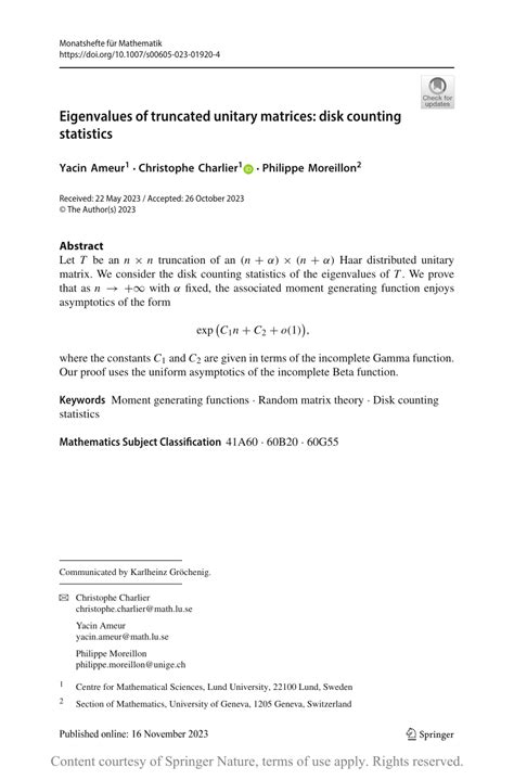 Pdf Eigenvalues Of Truncated Unitary Matrices Disk Counting Statistics