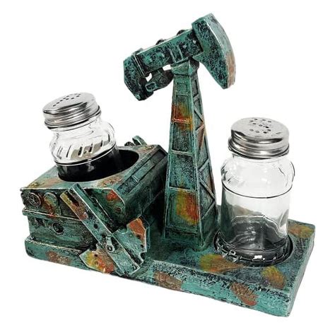 Urbalabs Western Green Pump Jack Salt And Pepper Shaker Caddy Oilfield