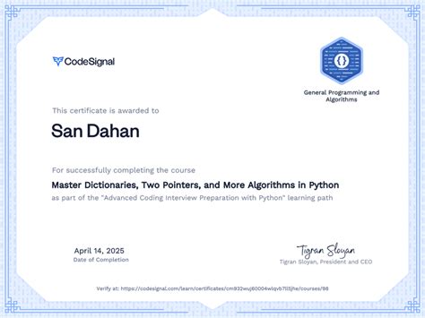 Course Certificate For Master Dictionaries Two Pointers And More