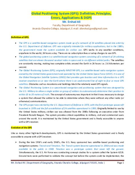 Pdf Global Positioning System Gps Definition Principles Errors