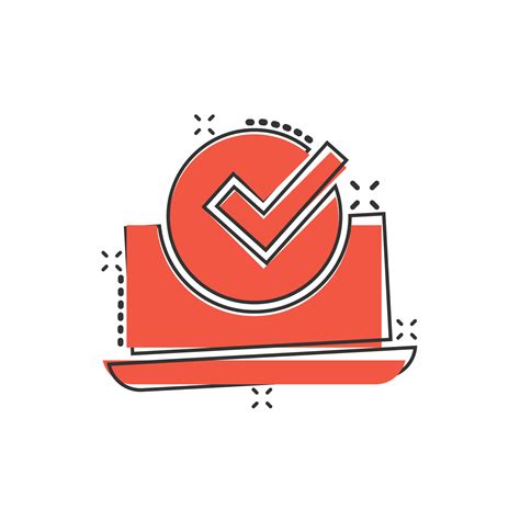 Laptop Check Mark Icon In Comic Style Computer Approval Cartoon Vector