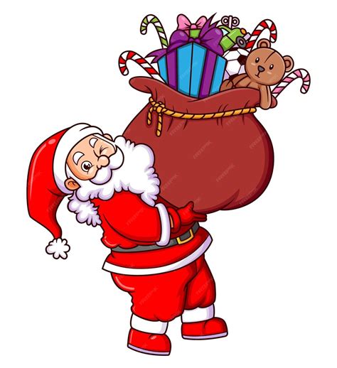 Der Glückliche Weihnachtsmann Hält Den Großen Sack Mit Geschenken Und