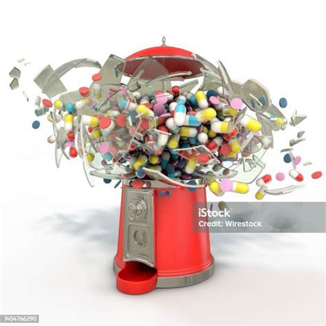 알약으로 가득 찬 빨간 검볼 기계의 3d 렌더링 그림 폭발 껌 자동판매기에 대한 스톡 사진 및 기타 이미지 껌 자동판매기 다중 색상 알약 Istock