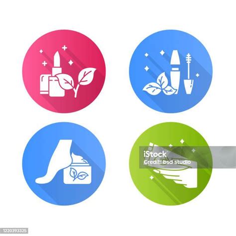 오가닉 코스메틱 플랫 디자인 롱 섀도우 글리프 아이콘 세트 립스틱 마스카라 튜브 풋 크림 로션 에코 메이크업 아이템 뷰티 제품