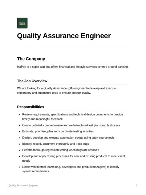 Quality Assurance Engineer 1 Pdf