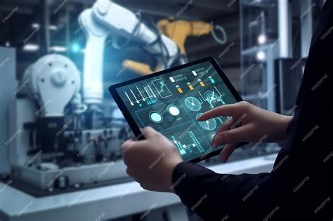 Premium Photo Technician Manager Industrial Engineer Controlling Roboticts On Monitoring