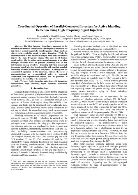 Pdf Coordinated Operation Of Parallel Connected Inverters For Active Islanding Detection Using