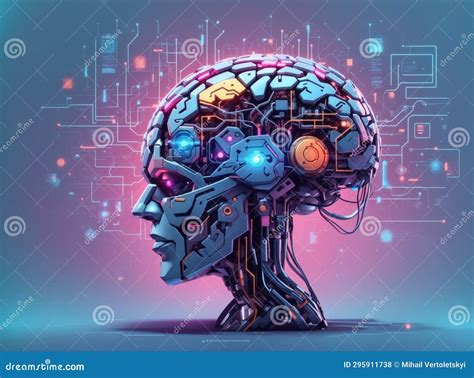 Illustration Of A Cybernetic Brain With A Face In Profile Of Artificial